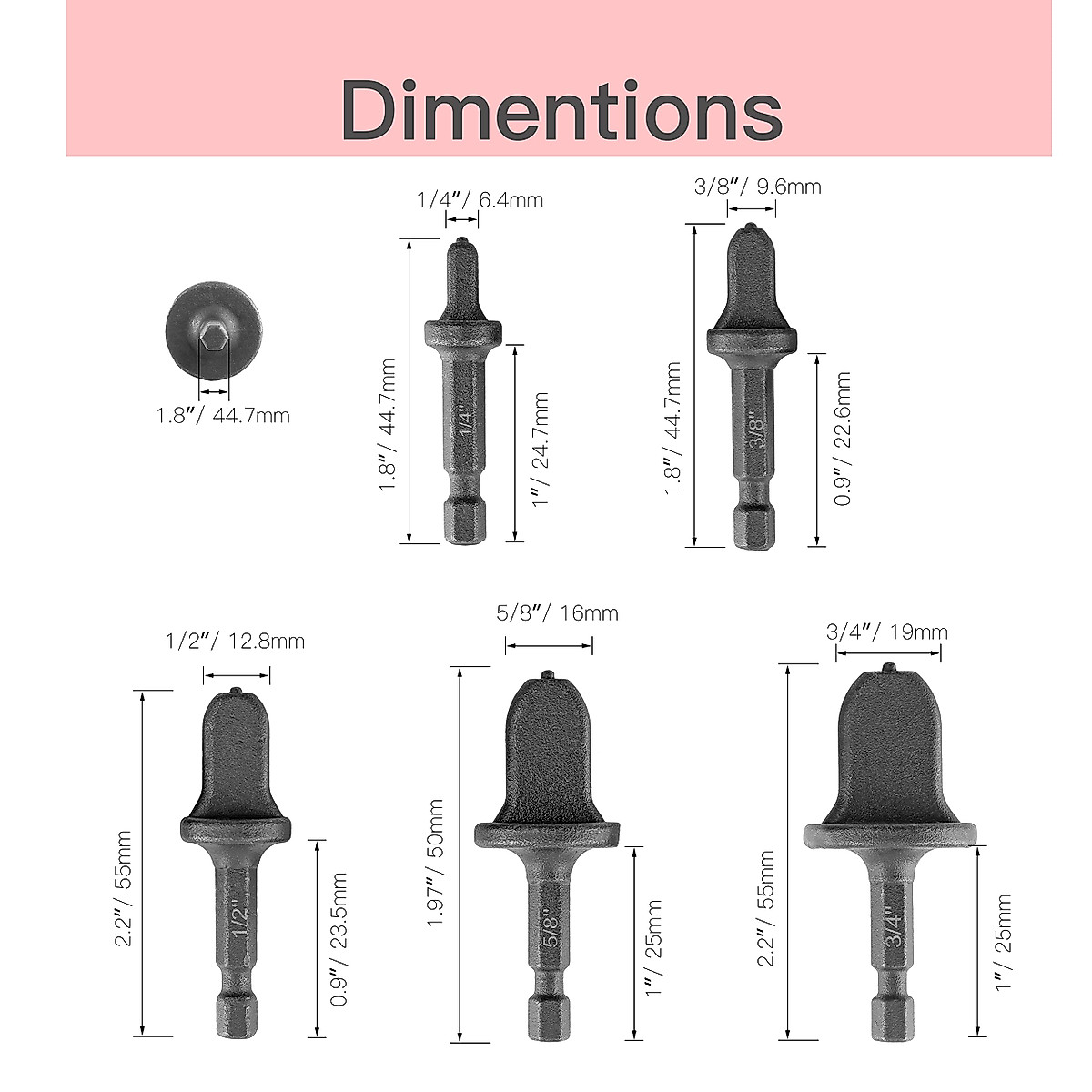 Zorveiio 5 Pcs Swaging Tool Drill Bit Set Swaging Tool Drill Bits, Copper Tube Expander Flaring Tool for Copper Tubing, HVAC Repair Kit with 3/4'' 5/8'' 1/2'' 3/8'' 1/4'' Bits - Hex Handle