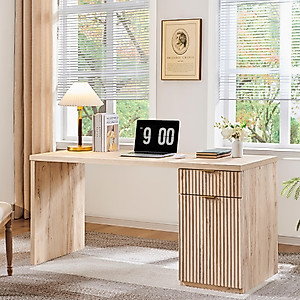 JXQTLINGMU 60" Modern Executive Desk with Storage, Wood Home Office Desk with Drawer & Cabinet, Fluted Computer Writing Desk for Study, Living Room, Bedroom, Natural Oak