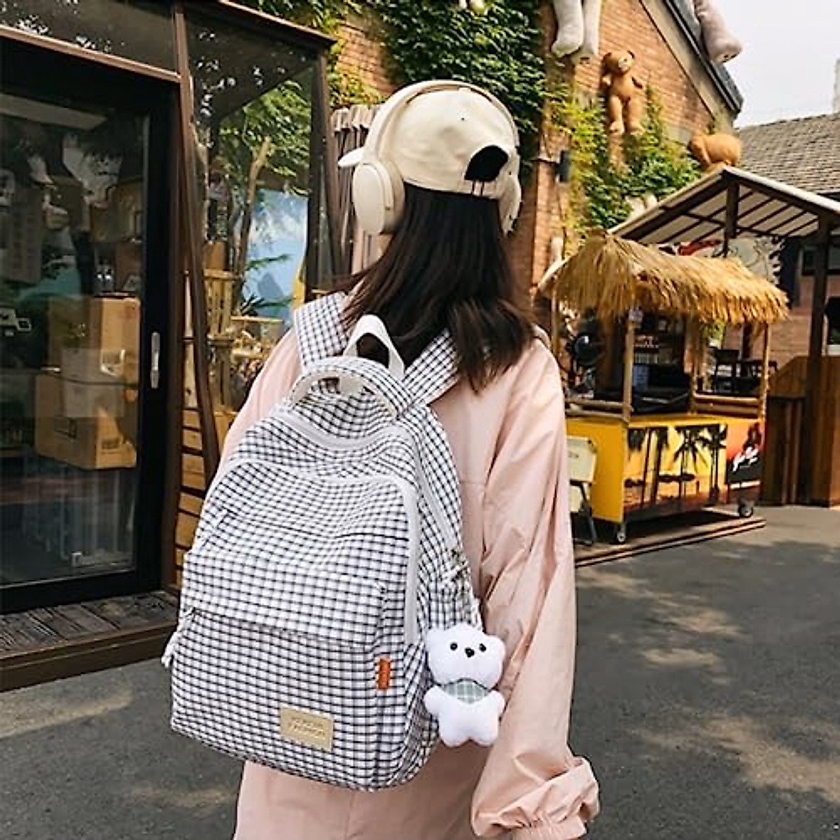 Kawaii Backpack with Cute Accessories Large Capacity Checkered Plaid Rucksack for Women Trendy Aesthetic Casual Daypack (Black)