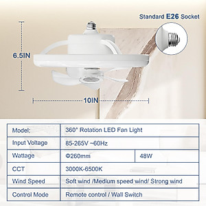 alescu Ceiling Fans with Lights E26 Base, 10" Ceiling Fan with Memory Function,Fan with Shake Head Function for Bedroom, Living Room, Kitchen, Balcony