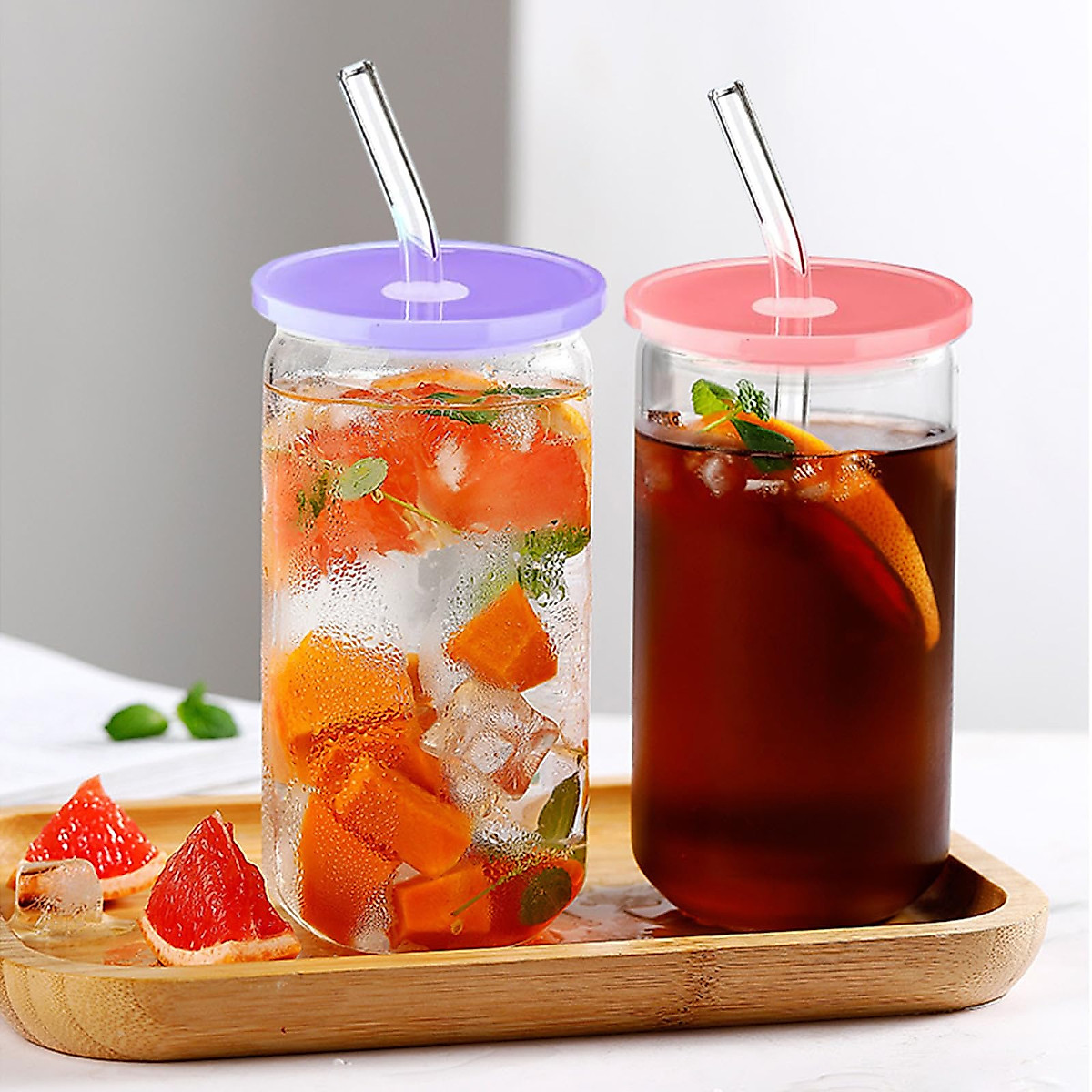 6 Pack Acrylic Lids for 16oz Glass Cups with Lids and Straws, Reusable Cups Replacement Covers Iced Coffee Cup/Beer Can Drinking Glasses with Bamboo Lids (Multicolor)