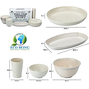 Eco Being Wheat Straw Dinnerware Set for 6 - Light and Unbreakable Plates, Cups, Bowls and Share Dishes. Stackable and Sturdy, Microwavable and Dishwasher Safe Dishes in Beige.