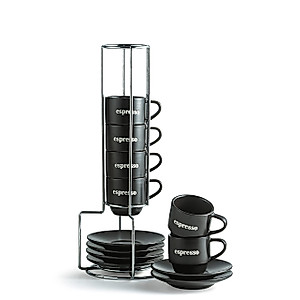 Espresso Cups with Saucers Set, Porcelain Coffee Cups Set with Metal Stand 4 OZ Stackable Demitasse Cups for Latte, Cafe, Mocha and Cappuccino, Tea Cup Set of 6, Thanksgiving Gifts, Black