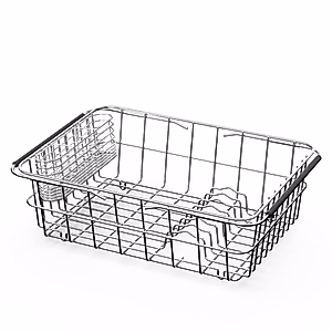 JAQ Dish Drainer in Sink Adjustable 14.96" to 20.59", Expandable 304 Stainless Steel Metal Dish Drying Rack Organizer with Stainless Steel Utensil Holder Over Inside Sink Counter
