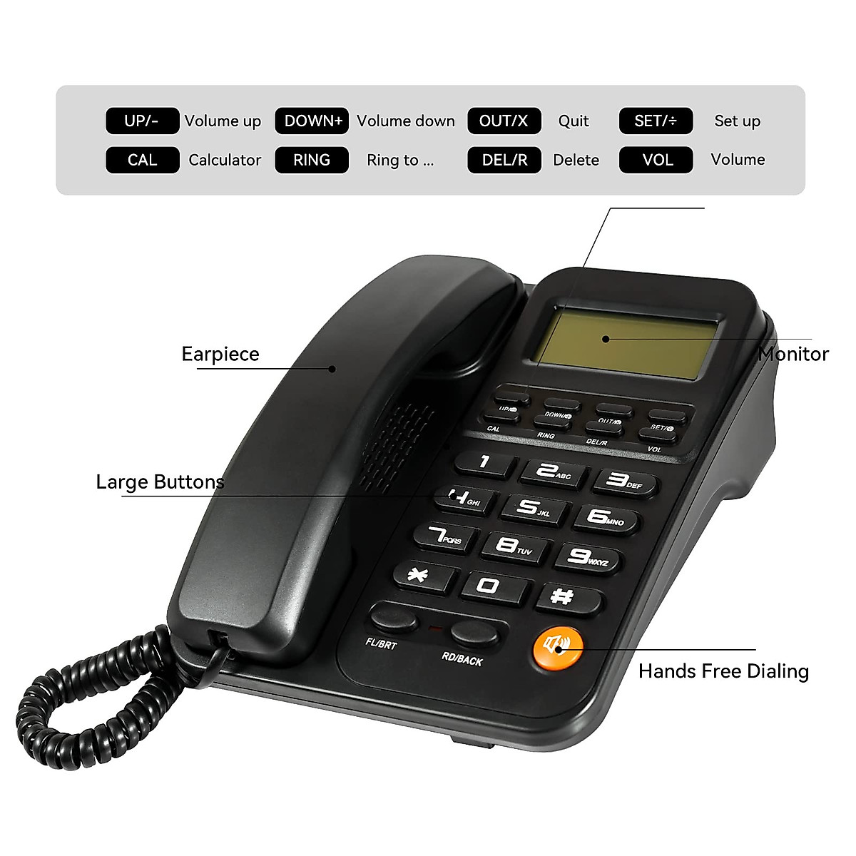 Corded Telephone Landline Telephone, Wired Telephone Big Button Phones with Caller Identification, Suitable for Office, Front Desk, Home, Hotel, No AC Power Required(Black)