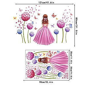 Pink Flower Wall Sticker Butterfly Fairy Girl Wall Decals DIY Purple Princess Wall Stickers Removable Dandelion Floral Wall Decals Waterproof Wall Mural for Kids Nursery Bedroom