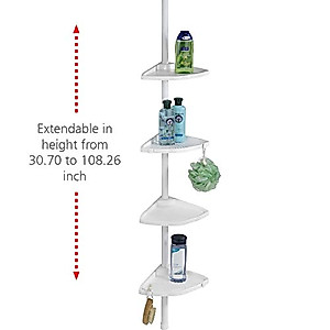 WENKO, White, Tension Pole, Caddy, Corner Shower Storage, 4 Shelves, 4 Hooks, Dimensions 10.2 x 30.7-108.3 x 7.7 108.3 x 7.7 inch