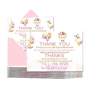 Fancy Floral Baby Shower Thank You Cards with Envelopes Blank Notes Prefilled Message Girls Personalize for Registry Gifts Pink Butterfly and Floral Notecard Set 4x6 Stationery, 15 Pack