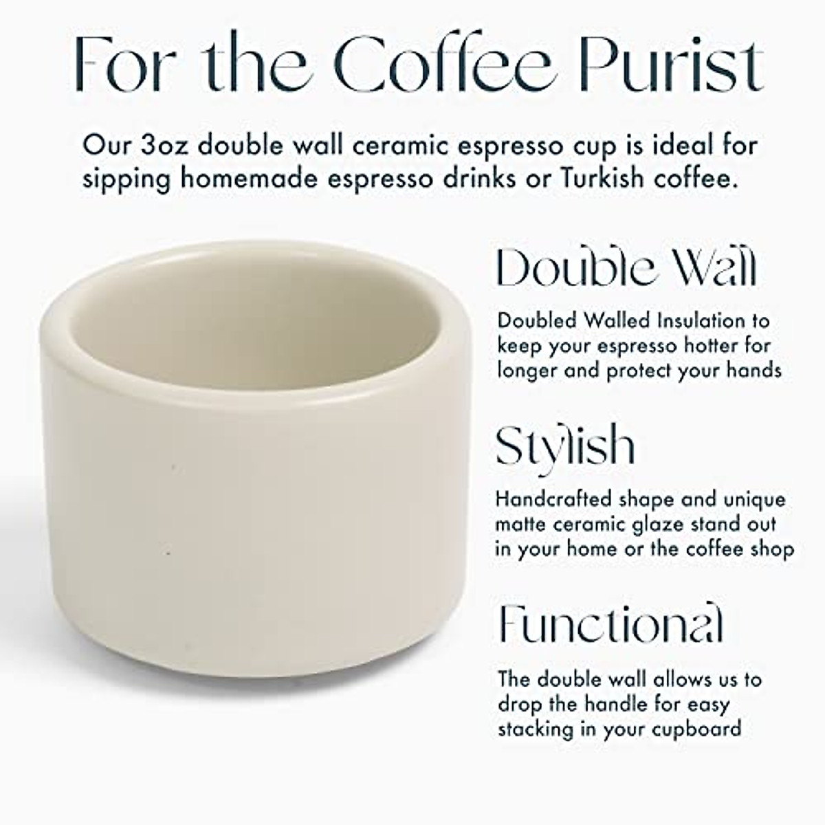 Folk Ceramics Leonard Double Walled Ceramic Espresso Cups | Set of 2, 3oz, Fog Grey | Modern Insulated Stackable Demitasse Mugs for Espresso| Handleless, Durable, Dishwasher & Microwave Safe