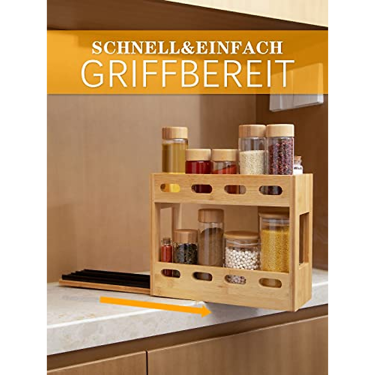 Vinknde Pull Out Spice Rack Organizer for Cabinet,Bamboo Spice Rack Soice Rack 2 Tiers,Slide Out Vertical Seasoning Spice Organizer for Cabinet,Pantry,Kitchen