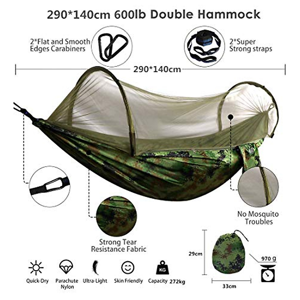 Camping Hammock Portable Hammock with Net Double Hammock with Parachute Fabric 115" 55" Hammock Net for 2 Persons Tree Tent Outdoors (Camouflage)