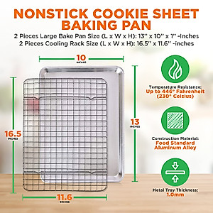 Nutrichef Non Stick Baking Sheets, Cookie Pan Aluminum Bakeware with Cooling Rack, Professional Quality Kitchen Cooking Non-Stick Bake Trays with Silver Coating Inside and Outside, 1 Pair of Pans