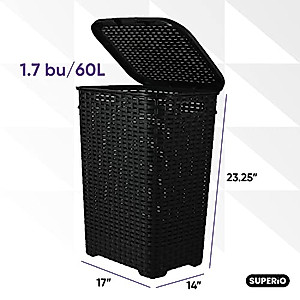 Plastic Laundry Hamper with Lid Laundry Hamper Basket, Black Tall Cloths Hamper Organizer with Cut-out Handles. Space Saving for Laundry Room Bedroom Bathroom, Wicker Design 60 Liter