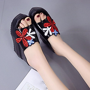 WensLTD Women's Thick-Bottom Sloped Slippers Embroidered High-Heeled Wedges Platform Shoes (6.5, Black)