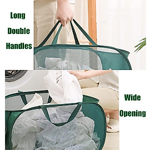 Mesh Pop Up Laundry Hamper, Durable Collapsible Laundry Baskets with Side Pockets, Foldable Clothes Storage Hamper with Reinforced Carry Handles for Dorm, Laundry Room, Kids Room, Green,1 Pack