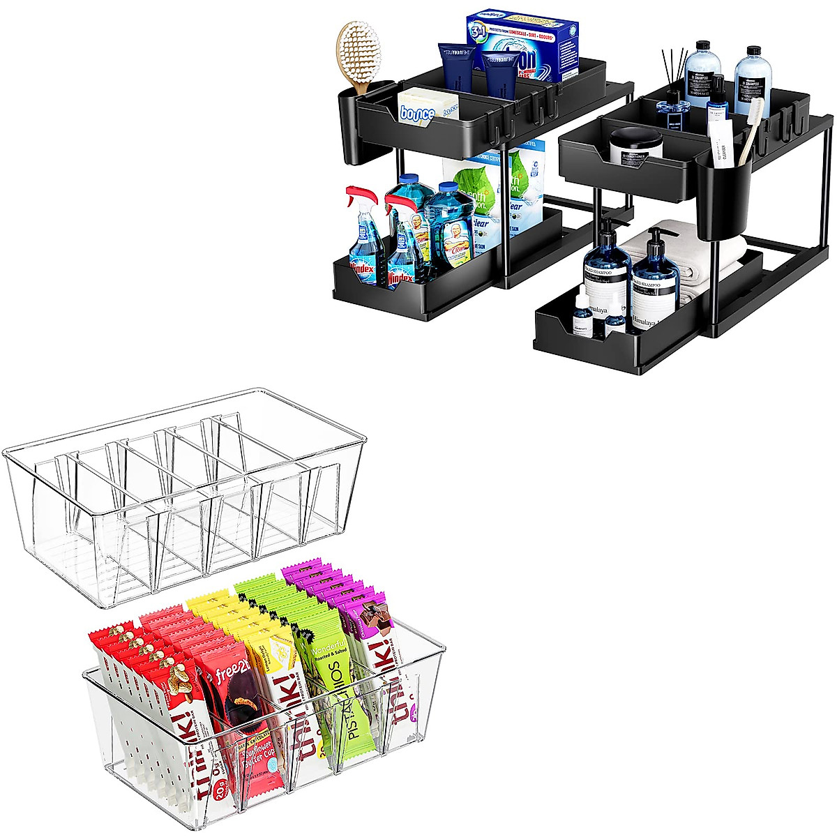 Puricon 2 Pack Under Sink Organizers and Storage 2-Tier Double Sliding Pull-out Drawer Bundle with 2 Pack Food Storage Bins, Stackable Organizer for Pantry Kitchen Fridge Clear Plastic Organizers