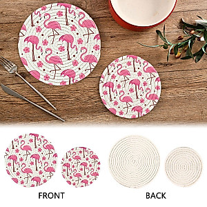 Kigai Pink Tropical Flamingo Trivets for Hot Pots and Pans and Pot Holders 2PCS – Cotton Rope Round Mats, Hot Pads for Kitchens, Coasters, Placemats, Spoon Rest for Cooking and Baking