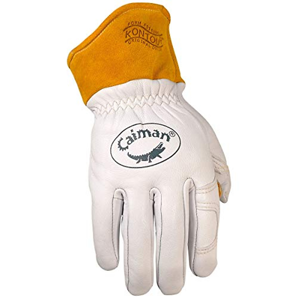 Caiman Premium Goat Grain TIG/MIG Welding Gloves with Wool Insulated Back, Scalloped Cuff, Boarhide Palm, Unlined, Reinforced Thumb, Kevlar, Kontour Design, White/Gold, Medium (1871-4)