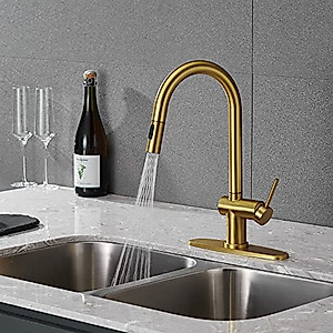YardMonet Brushed Gold Kitchen Faucet with Pull Down Sprayer, Modern Gold Kitchen Sink Faucet Single Hole with 10" Deck Plate, Single Handle Pull Out Kitchen Faucets for Sink