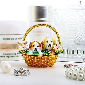 YU FENG Puppy Flower Basket Trinket Boxes Hinged Rhinestones Jeweled Painted Enameled Collectible Dog Animal Figurine Jewelry Holder Box