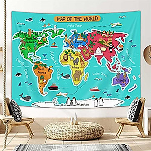 Cartoon World Map Tapestry Wanderlust, Cartoon Animal Mountains Forests World Map for Children and Kids Tapestry Wall Hanging, Wall Blankets Home Decor Beach Towel TV Background Panels 60X40 in