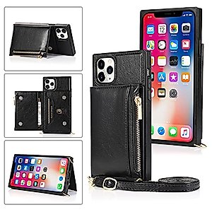 XINTIN iPhone 13 Pro Max Crossbody Case with Card Holder, Shockproof Protective iPhone case with Magnetic Flip Folio Wallet, PU Leather Zipper Coin Purse with Adjustable Lanyard Strap (Black)