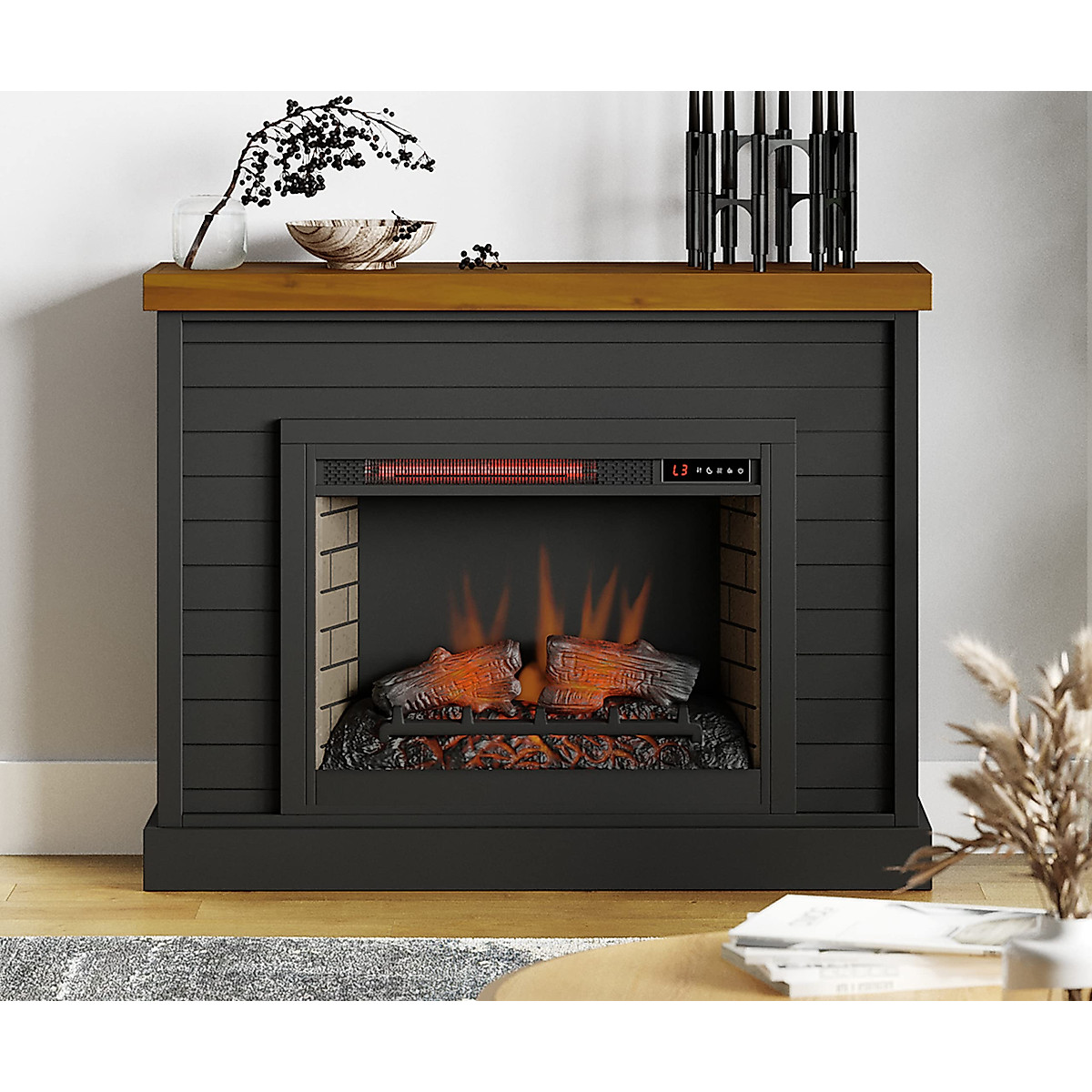 Bridgevine Home Washington Modern Farmhouse Electric Fireplace with Mantel, 48 inches, Poplar and Knotty Alder Solid Wood, Black and Whiskey Finish