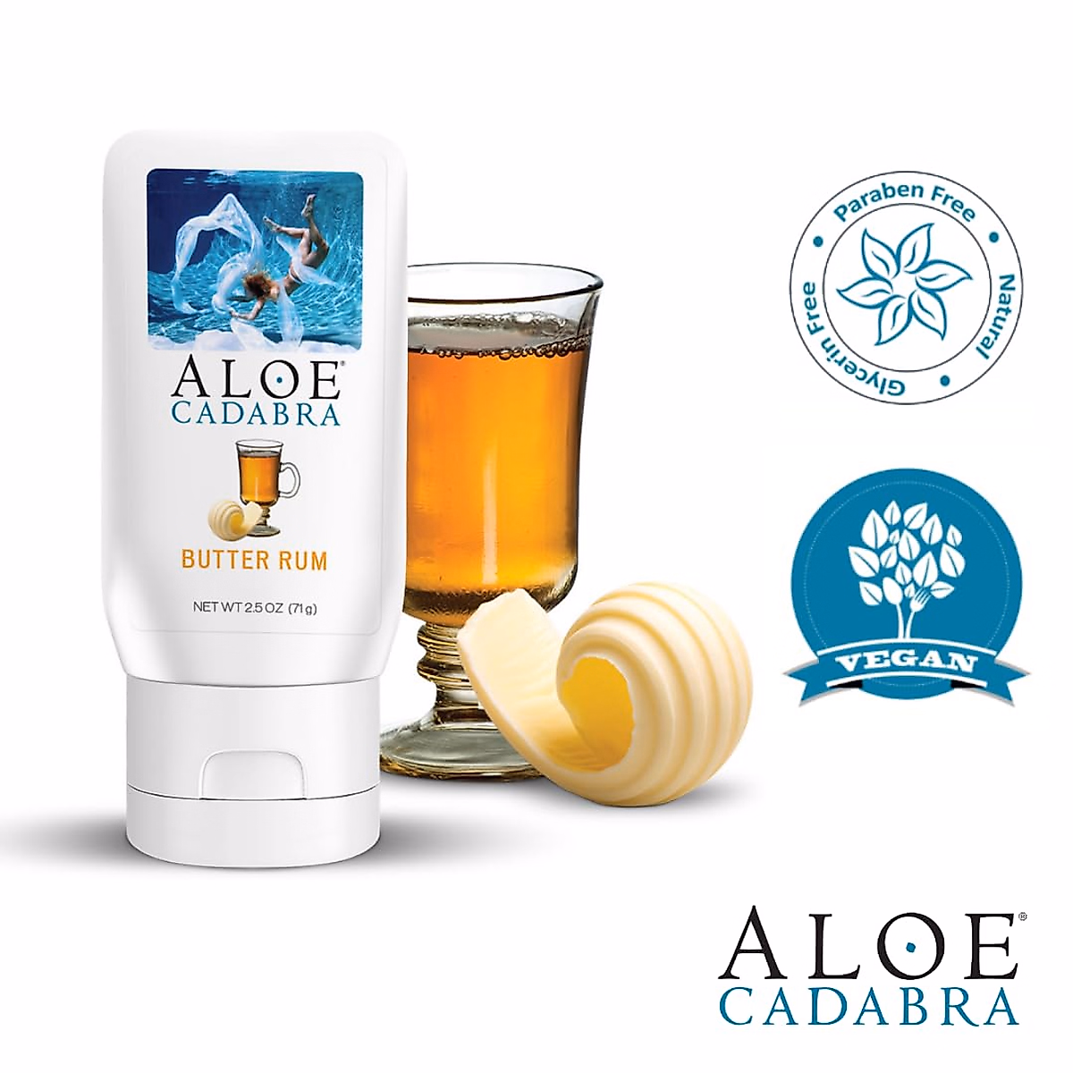 Aloe Cadabra Flavored Personal Lubricant and Vaginal Moisturizer, Organic Edible Aloe Lube for Men, Women and Couples, Non-Staining, pH Balanced, Toy Compatible (Butter Rum, 2.5 Ounces, 2 Pack)