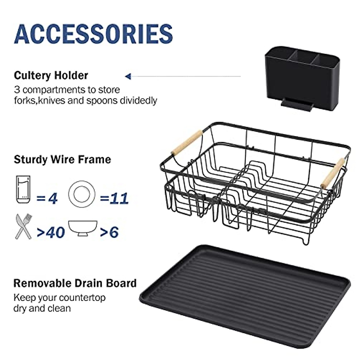 TOOLF Dish Drying Rack, High-Sided Dish Rack for Kitchen Counter, Dish Drainer with Utensil Holder and Drainboard, Small Sink Drainer for Sink, Black