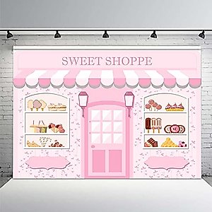MEHOFOND Pink Sweet Shoppe Backdrop Dessert Parlor for Girls Birthday Photography Background Kids Party Banner Baby Shower Donut Ice Cream Cake Table Decor Photoshoot Studio Props 7x5ft