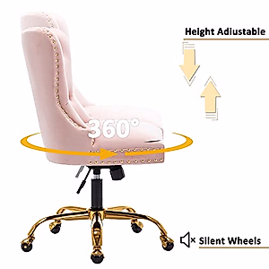 QUINJAY Velvet Home Office, Upholstered Adjustable Swivel desk chair with Gold Base, Tufted Study with Comfy High Back for Teens Study Makeup Pink