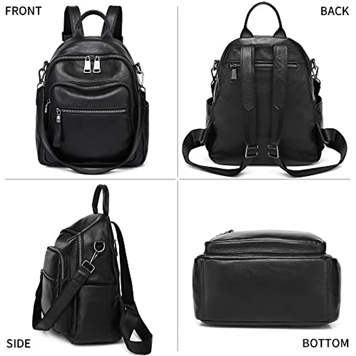 Wesccimo Genuine Leather Backpack Purse For Women Black Real Soft Leather Travel Convertible Shoulder Bag