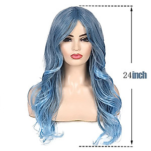 Beweig Blue Wig for Women Long Curly Wavy Pastel Blue Wig Side Part Synthetic Halloween Cosplay Wig with Wig Cap …