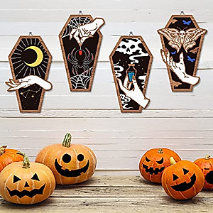 CHDITB Gothic Home Decor Coffin Hanging Sign(Set of 4, 6.3"x 10.43"), Spooky Coffin Shaped Door Hanger with Witch Hands Spider Butterfly, Retro Goth Horror Wood Sign for Home Party Haunted House