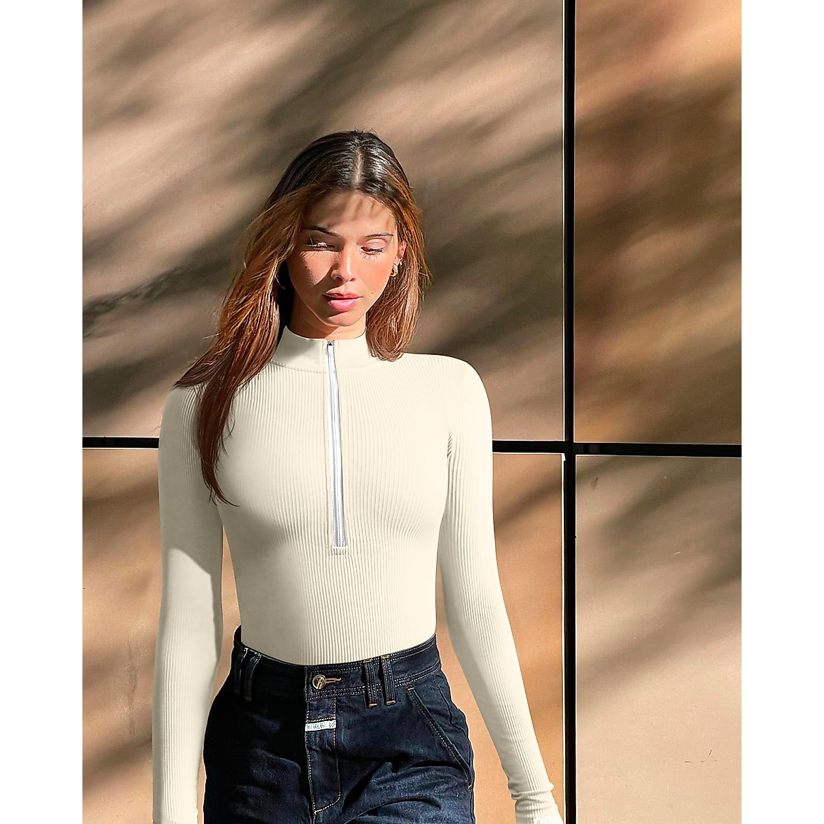 OQQ Women's 2 Piece Bodysuits Sexy Ribbed One Piece Zip Front Long Sleeve Tops Bodysuits Black Beige