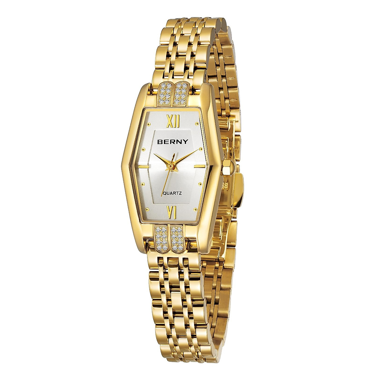 BERNY Gold Watches for Women Dainty Hexagon Ladies Quartz Wrist Watches Stainless Steel Band Fashion Analog Watch Luxury Bracelet(White Dial)
