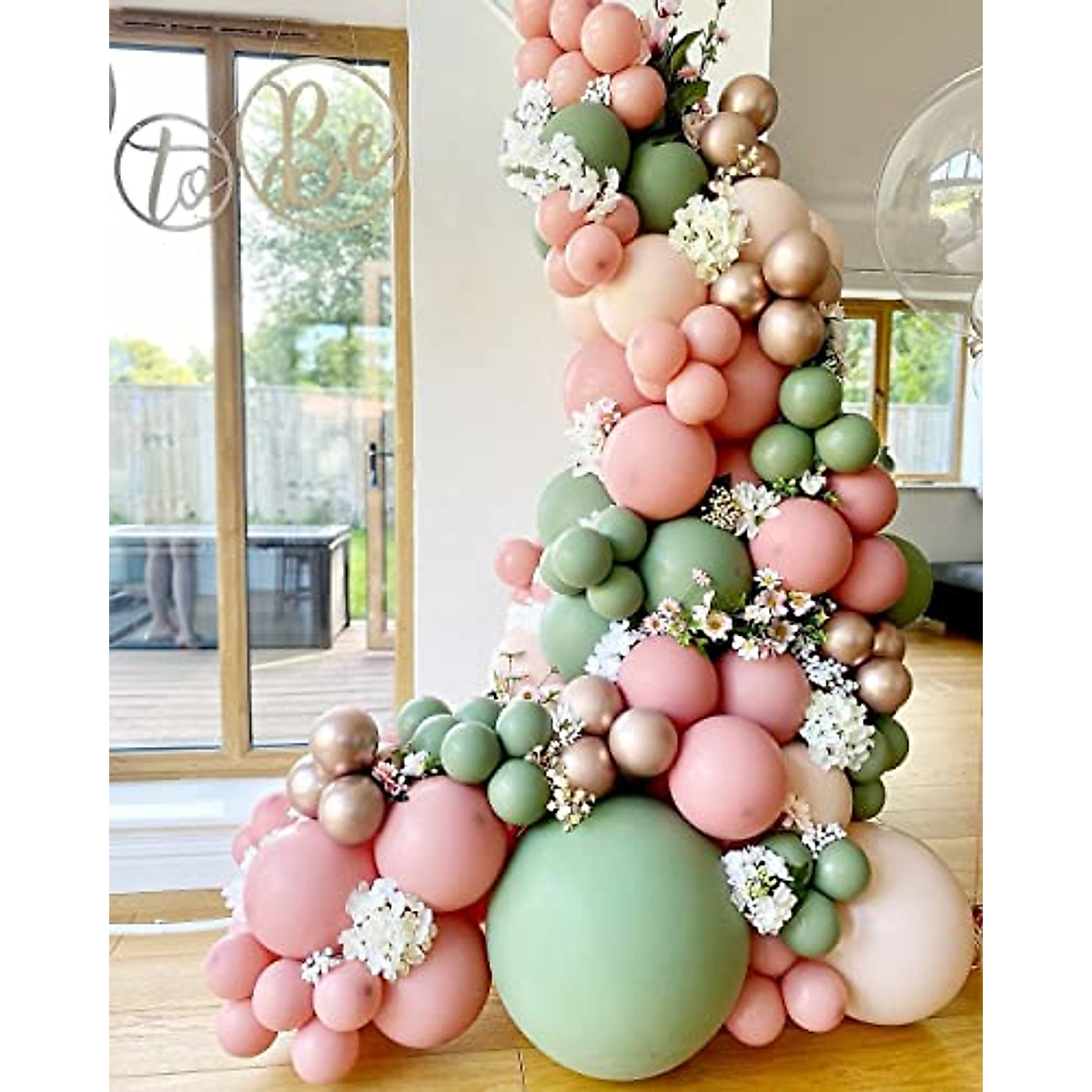 124PCS Sage Olive Green Blush Pink Peach Balloons Balloon Garland Arch Kit, Artificial Vines Eucalyptus Garland, Safari Wild One Green Baby Shower Birthday Balloons Party Decorations for Boys Girls
