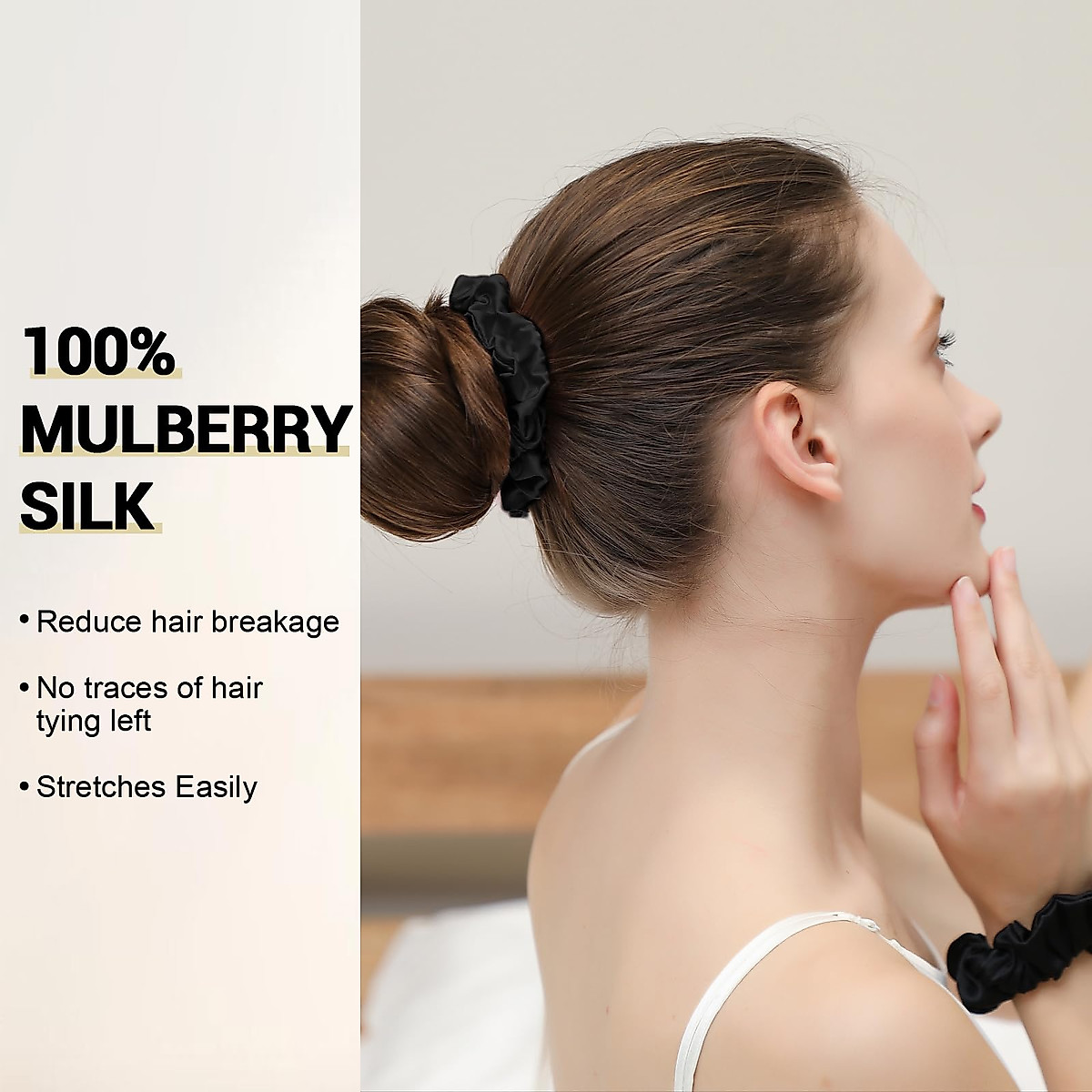 ZIMASILK 100% Mulberry Silk Hair Scrunchies, Best For Women And Girls’ Hair 19 Momme Elastic Hair Bands for Ponytail Holder Gentle And No hurt (3 Pack, Black)