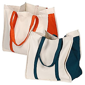 Anleo Reusable Cotton Canvas Grocery Tote Bags with Side Pockets, Large Utility Tote Bag for Shopping, Beach, Picnic