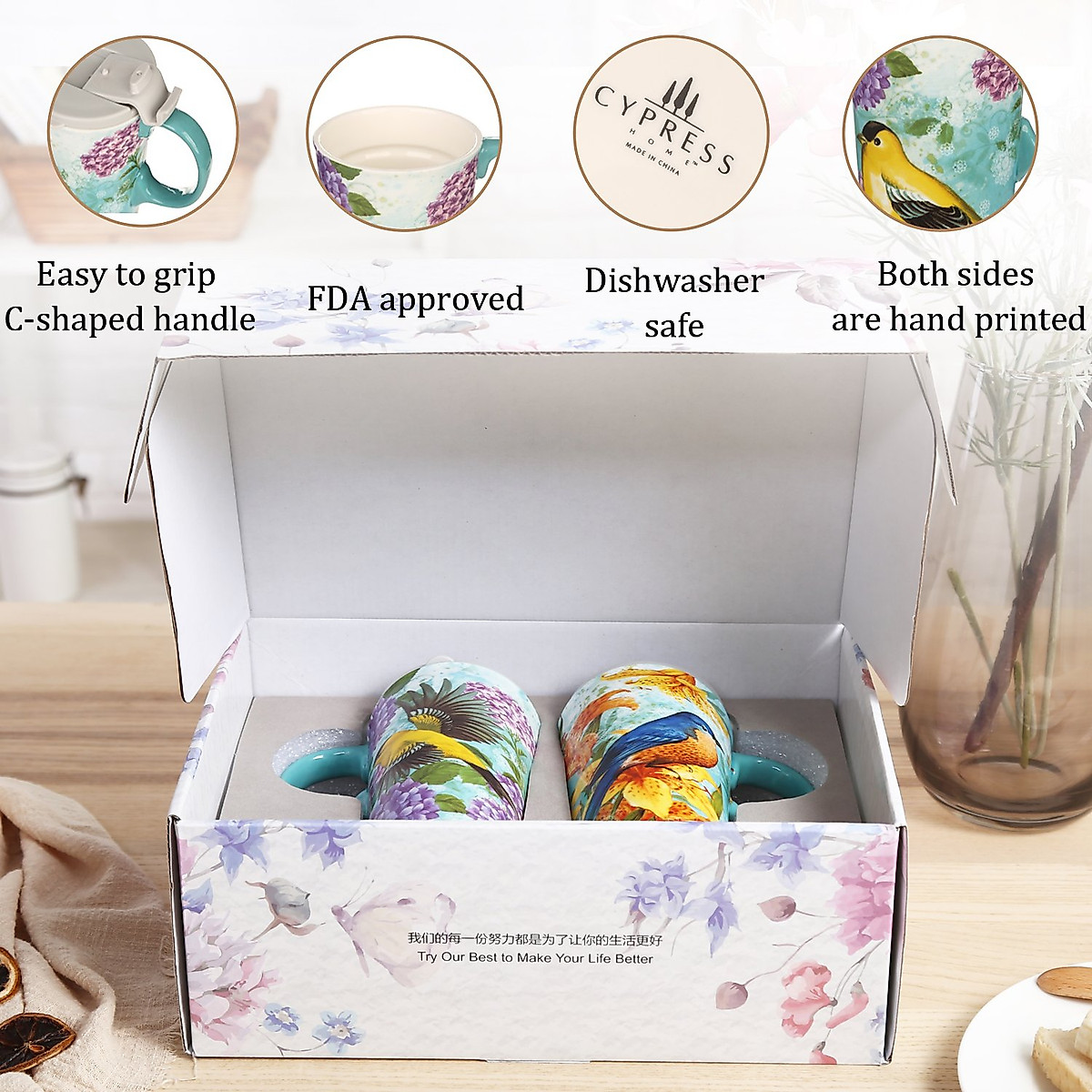 CEDAR HOME Coffee Ceramic Mug Porcelain Latte Tea Cup With Lid 17oz. Goldfinches, Set of 2