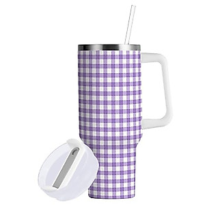 ARGTILDN 40 oz Tumbler Purples Plaid Insulated Travel Mug with Handle and Straw Lid Stainless Steel Vacuum Coffee Cup Tea Beverage Container Water Bottles for Car Sports office