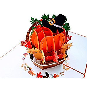 iGifts And Cards Happy Thanksgiving Pumpkin Pop Up Greeting Card - Awesome Thank You Gift, Family Celebration, Feast In A Basket Centerpiece, Blessings, Beautiful, Cool Pilgrim Hat Decoration, 6" X 8"