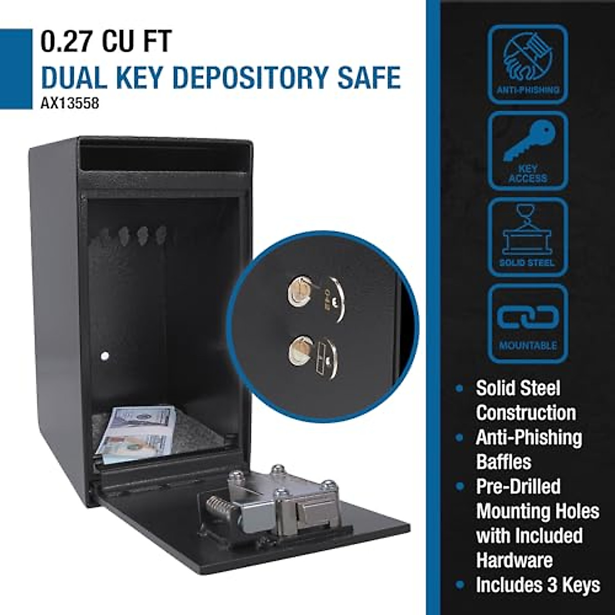Barska AX13558 Dual Key Depository Safe 0.27 Cu Ft with Drop Slot and Quick Release Bolt, Black