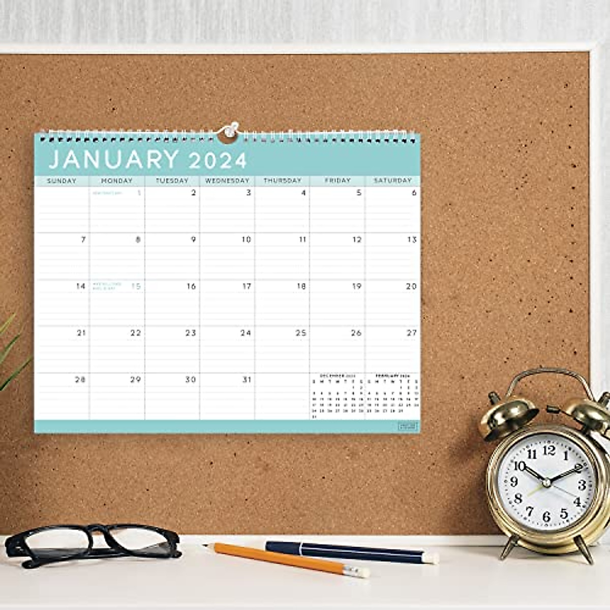 S&O Basic Teal Business Wall Calendar from Jan 2023-Jun 2024 - Tear-Off Monthly Calendar for Office - 18 Month Academic Wall Calendar 2023-2024 - Hanging Calendar with Monthly Mini-Calendars - 10.5x13.5”in