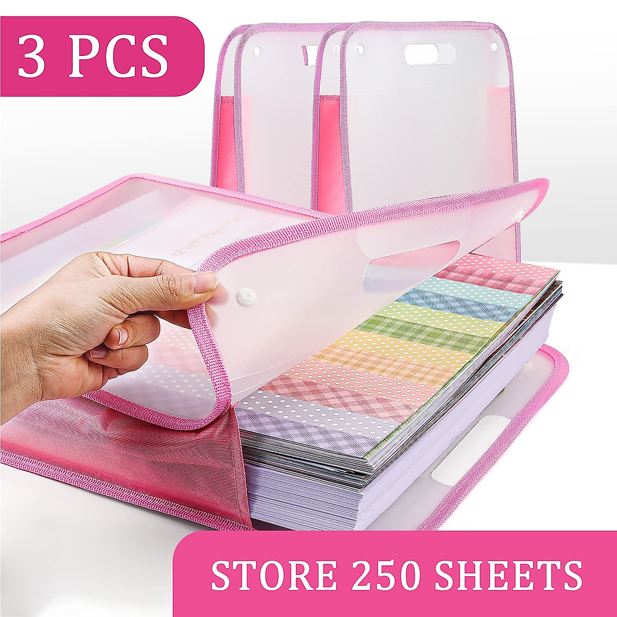 Caydo Scrapbook Paper Storage Organizer, Pink Expanding Paper Folio for 12 x 12 Sheets, Scrapbook Paper Storage with Transparent Portable Handle for Holding Scrapbook, Vinyl Paper, Cardstock