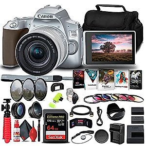 Canon EOS 250D / Rebel SL3 DSLR Camera with 18-55mm Lens (Silver) (3461C001) + 64GB Memory Card + Color Filter Kit + Filter Kit + LPE17 Battery + External Charger + Card Reader + More (Renewed)
