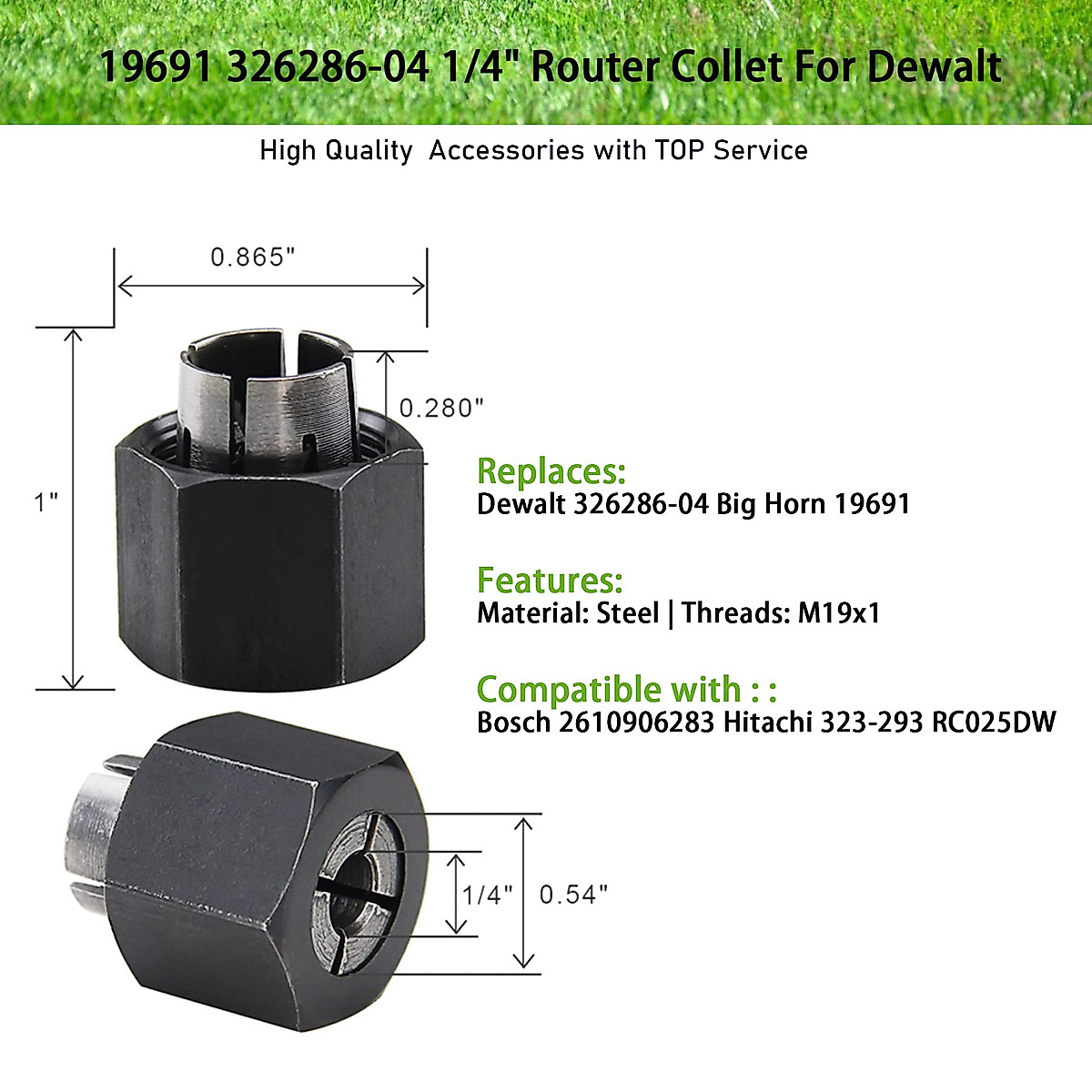 HAKATOP 19691 1/4" Router Collet Replacement For Dewalt 326286-04 Big Horn 1/4" Bosch 2610906283 Hitachi 323-293 RC025DW
