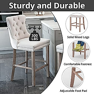 i-POOK Counter Height Bar Stools Set of 4, Velvet Upholstered Barstools with Button Tufted, Nailheads Trim and Solid Wood Legs, Full Back Bar Chairs for Kitchen Island Dining Room Pub Cafe, Beige