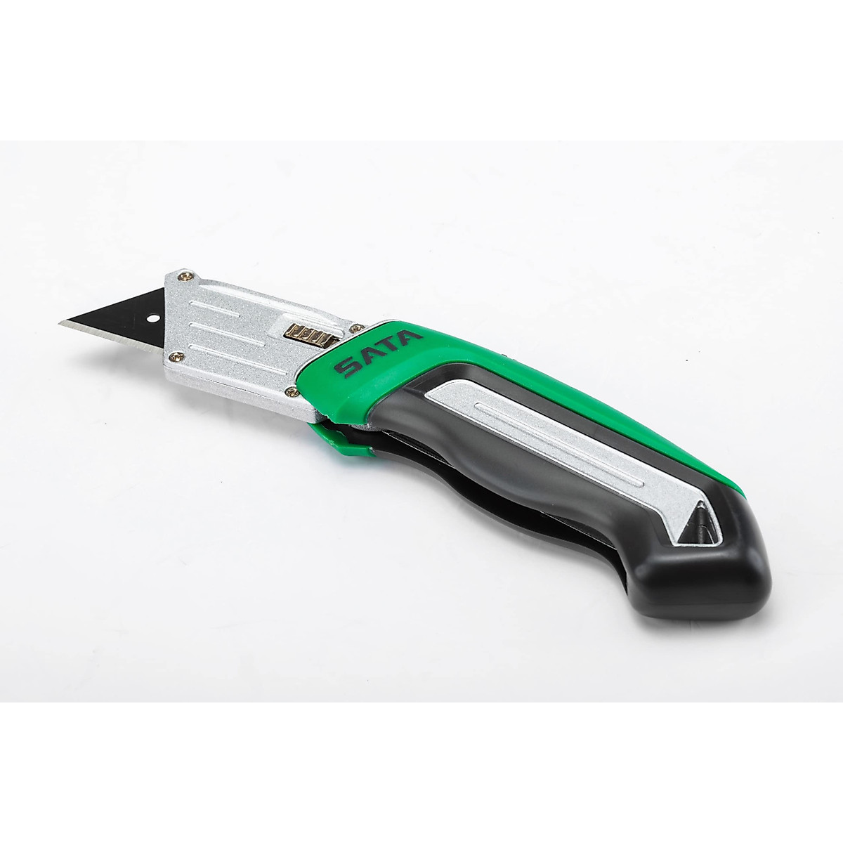 SATA T-Series Folding Utility Knife with Easy-Access Blade Storage in the Body and a Green Dual Material Handle - ST93486