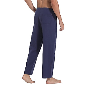 perdontoo Mens Linen Loose Casual Lightweight Elastic Waist Yoga Beach Pants (X-Large, Navy)